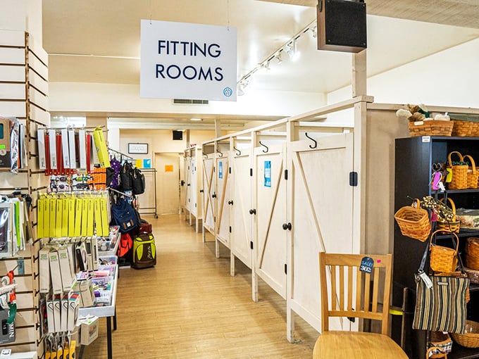 Fitting rooms that don't require contortionist skills? Now that's luxury in the thrift store universe.