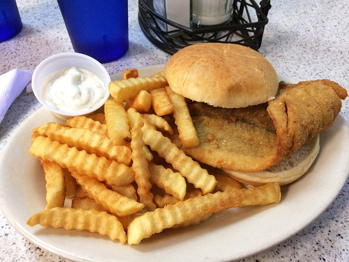 The star of the show in all its glory &ndash; a fish sandwich so perfectly golden it practically glows, paired with those crispy crinkle-cut fries that demand a malt vinegar baptism.