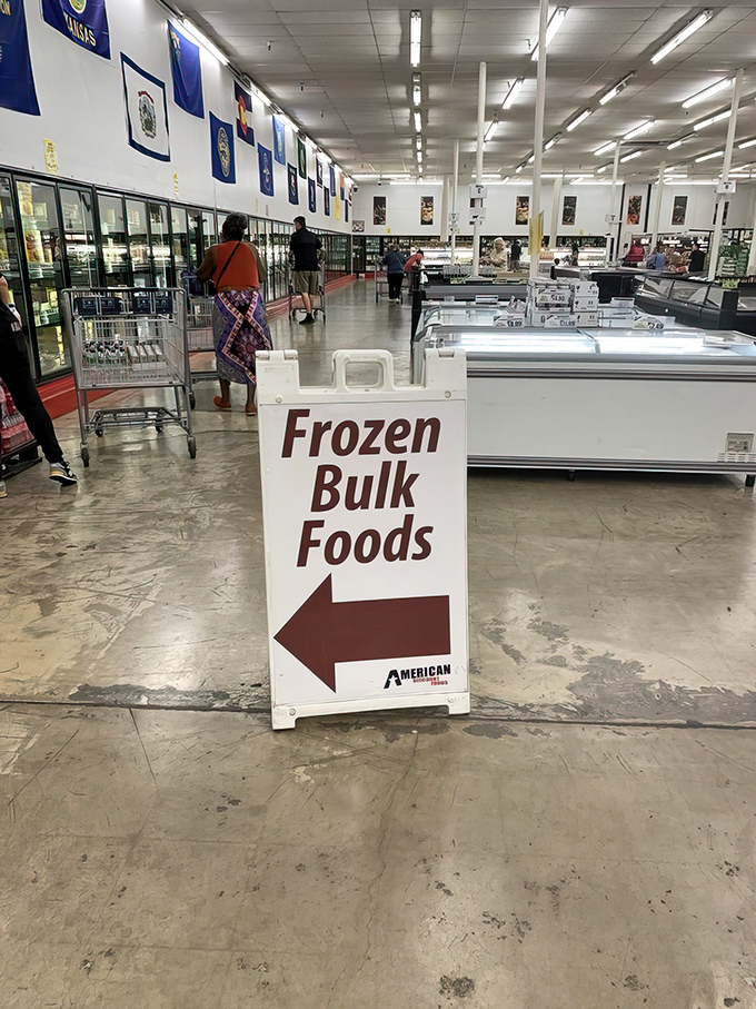 Follow the arrow to frozen food nirvana! This section houses everything from budget ice cream to discontinued delicacies waiting for rediscovery.