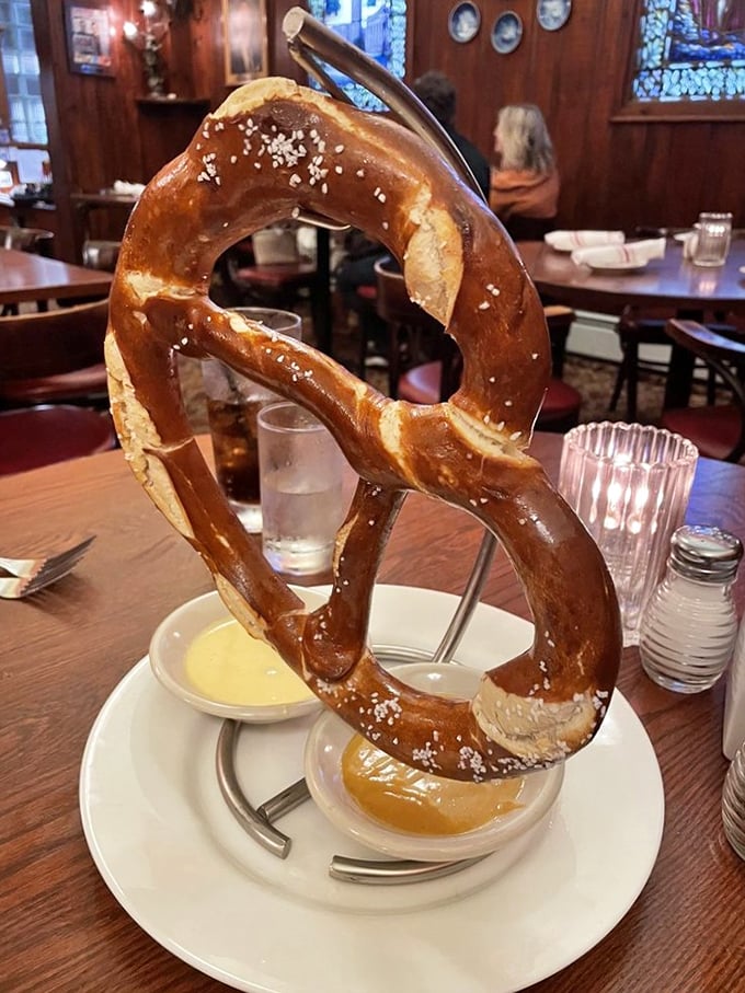 Behold the pretzel in all its glory&mdash;hanging majestically on its custom stand like edible architecture, complete with mustard for essential dipping.