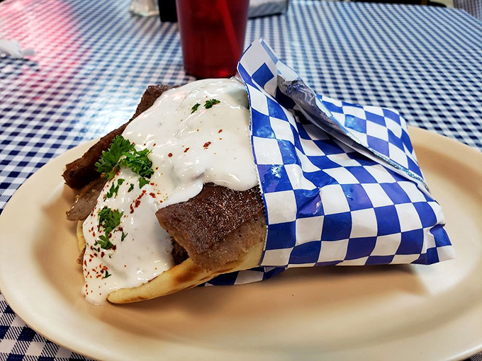 This isn't just a gyro; it's a masterpiece wrapped in blue-and-white checkered paper. The tzatziki cascading down the side is practically begging for a close-up.