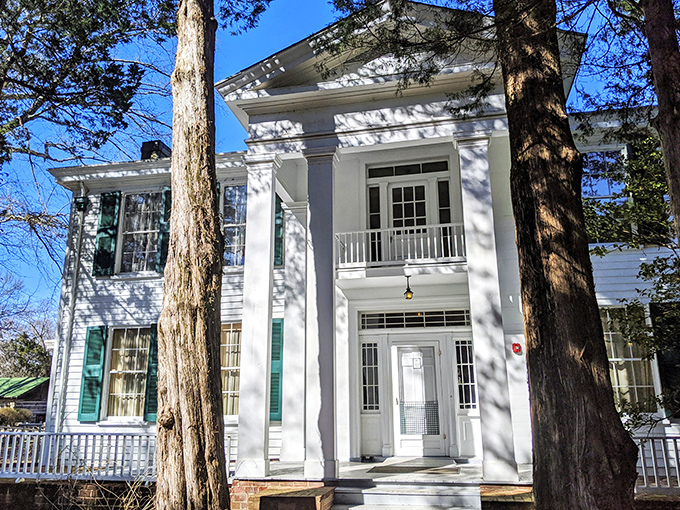 Rowan Oak stands proudly among towering trees, its white columns and green shutters whispering stories of Faulkner's imagination that still echo through the grounds.