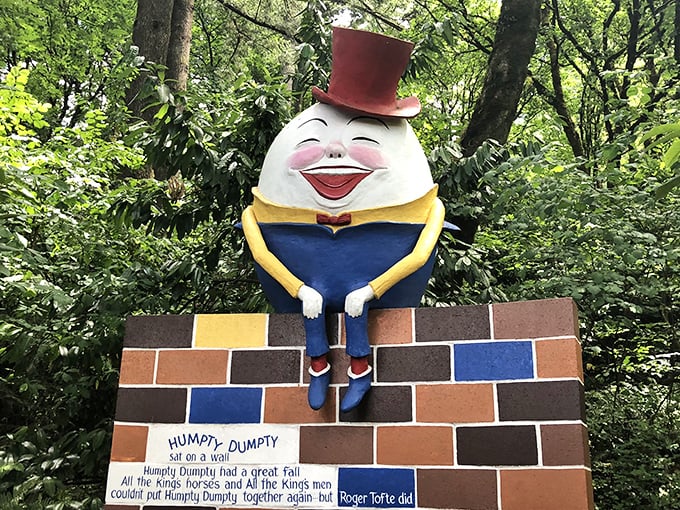 Humpty Dumpty sits on his colorful wall, grinning ear-to-ear. Unlike his nursery rhyme counterpart, this egg-cellent fellow seems quite secure in his perch.