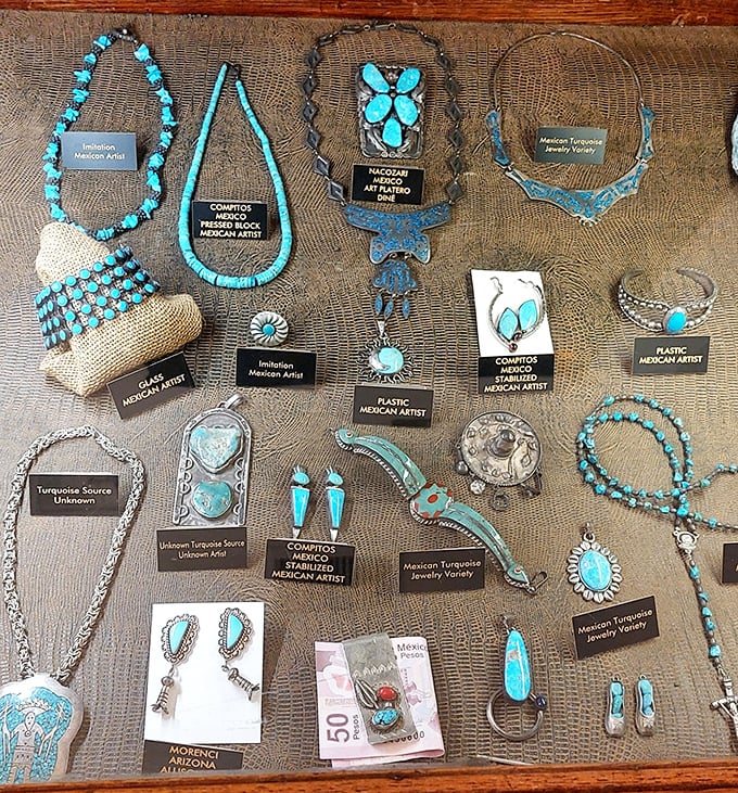 Not your average jewelry counter! This comprehensive display showcases the remarkable diversity of turquoise jewelry styles, from traditional Native American designs to contemporary pieces.