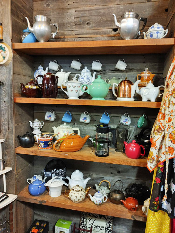 Tea time treasures line rustic wooden shelves. From jadeite to Japanese porcelain, these vessels have poured comfort through decades of conversations.
