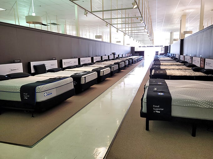 The mattress showroom&mdash;where dreams quite literally come true. An endless horizon of sleep possibilities stretching toward a more well-rested tomorrow.