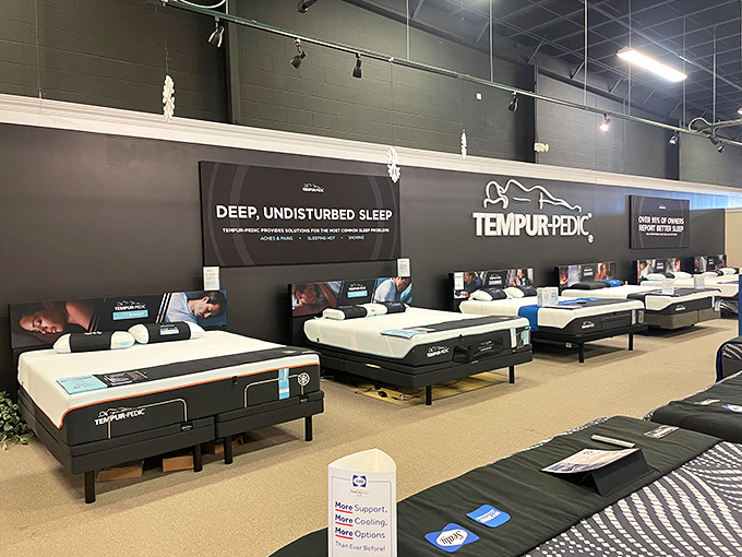 The mattress showroom: where it's perfectly acceptable to lie down in public and briefly contemplate a nap. Tempur-Pedic's lineup promises deep sleep indeed.
