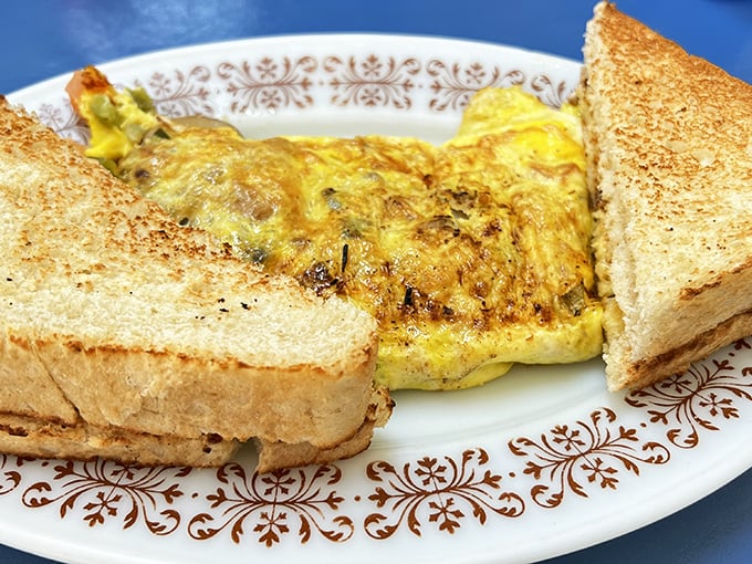This isn't just an omelet; it's a golden envelope delivering a message of cheesy perfection. The crispy toast stands guard like sentinels of satisfaction.