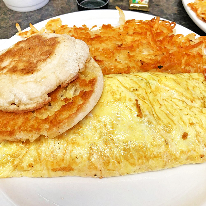 Breakfast architecture at its finest. This omelet-biscuit-hashbrown trinity proves that sometimes the most beautiful things in life come on plain white plates.