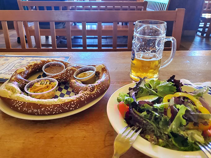 The holy trinity of beer hall happiness: a pretzel the size of your head, cold beer, and a salad to pretend you're being healthy.