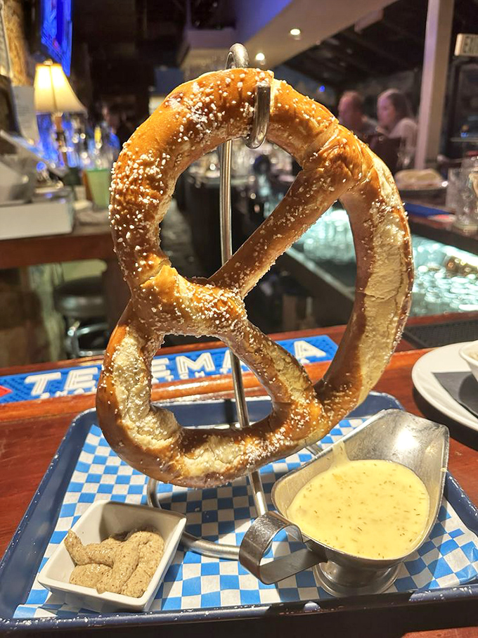Behold the pretzel of your dreams, hanging majestically like edible artwork. That golden-brown crust is the result of centuries of German engineering.
