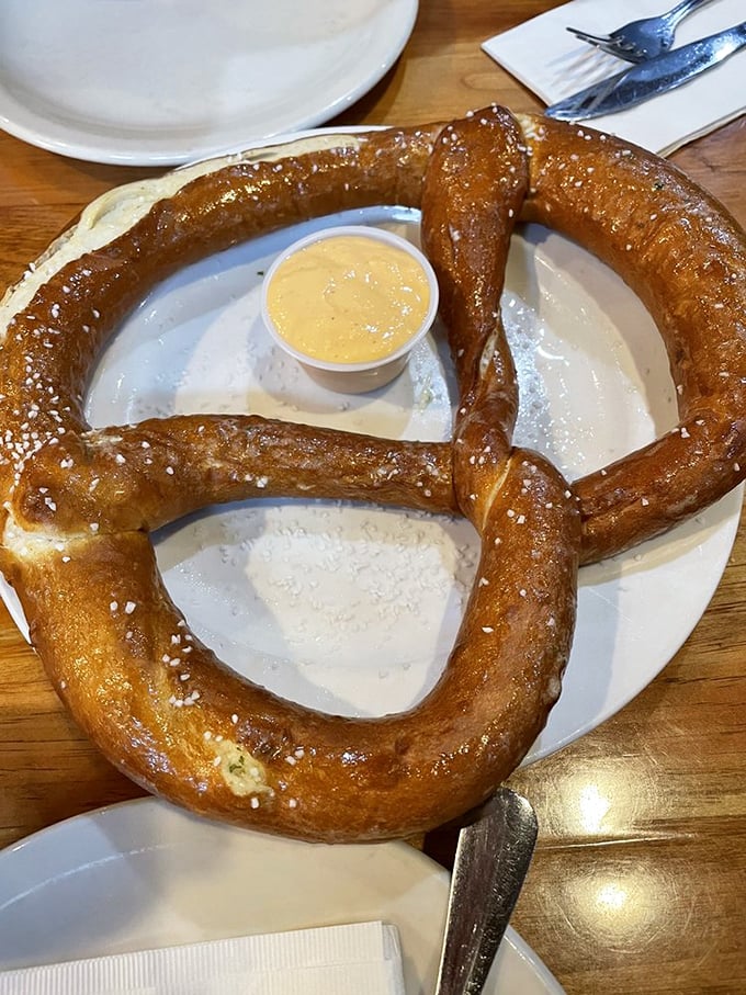 The star of the show arrives: a pretzel with the perfect salt-to-dough ratio and a mustard dip that means business. This isn't mall food&mdash;it's edible art.