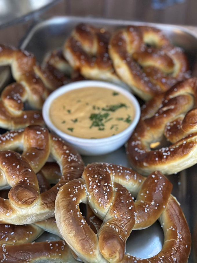 These aren't just pretzels—they're carbohydrate masterpieces. Arranged around that beer cheese like sunbathers circling a particularly delicious pool.