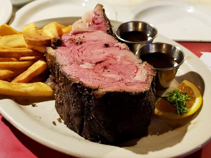 This isn't just prime rib &ndash; it's a masterpiece of meat. The perfect pink center surrounded by a seasoned crust is worth every mile driven.