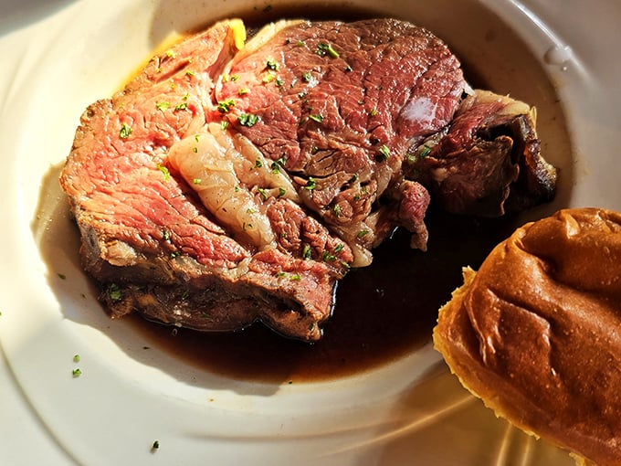 Behold the star of the show&mdash;prime rib so perfectly cooked it makes vegetarians question their life choices. That au jus? Liquid gold.