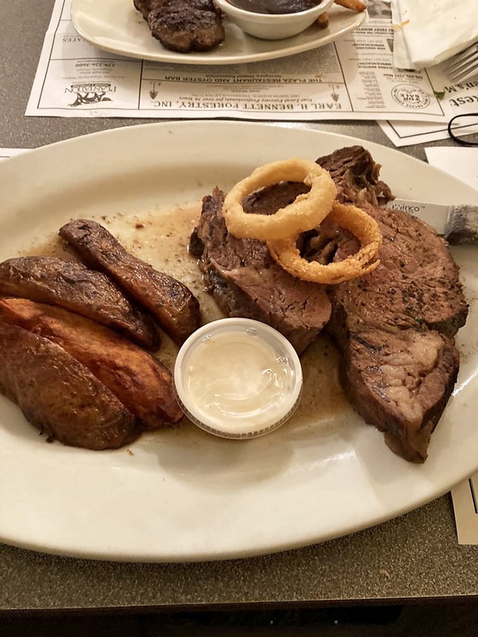 This prime rib doesn't just speak&mdash;it sings a carnivorous love song. Those onion rings are the backup vocals your plate deserves.