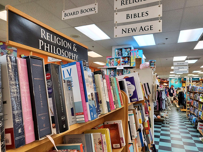 Philosophy meets faith in these thoughtfully curated shelves, where ancient wisdom and modern spirituality share comfortable quarters.