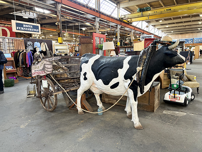 This life-sized cow and cart isn't just decor&mdash;it's the guardian spirit of the warehouse, overseeing treasures with bovine benevolence.