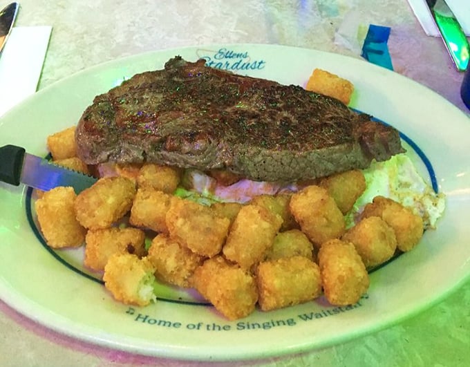 This steak doesn't just sizzle&mdash;it demands a standing ovation, surrounded by golden tater tots that could understudy as the world's most delicious supporting cast.