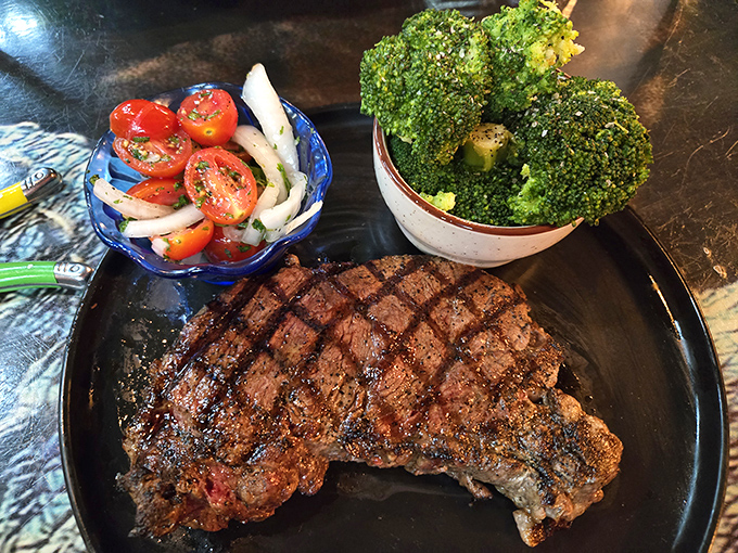 This perfectly grilled steak didn't go extinct 65 million years ago, thankfully. Served with fresh veggies, it's carnivore cuisine that would make T-Rex jealous.