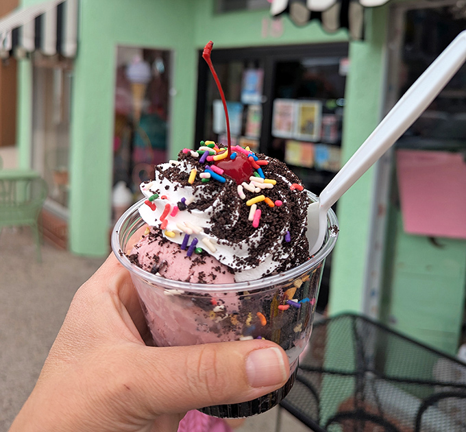 Pink perfection topped with a chocolate mountain and rainbow sprinkles. Proof that sometimes happiness can, in fact, be purchased.