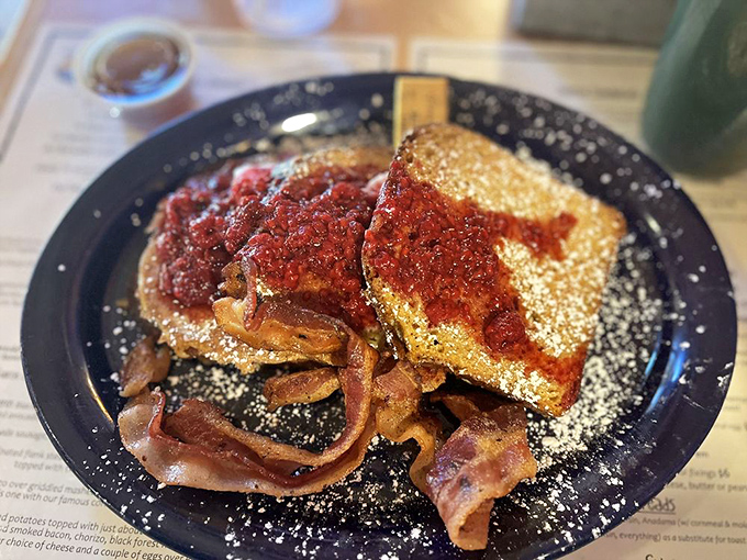 French toast that's dressed for success with a powdered sugar snow dusting and bacon that's achieved that perfect crispy-chewy balance.