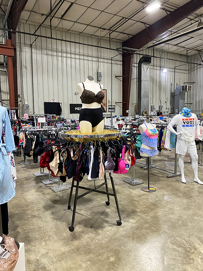 Retail archaeology at its finest. Who knew bargain hunting could include everything from intimate apparel to political statements all in one panoramic view?