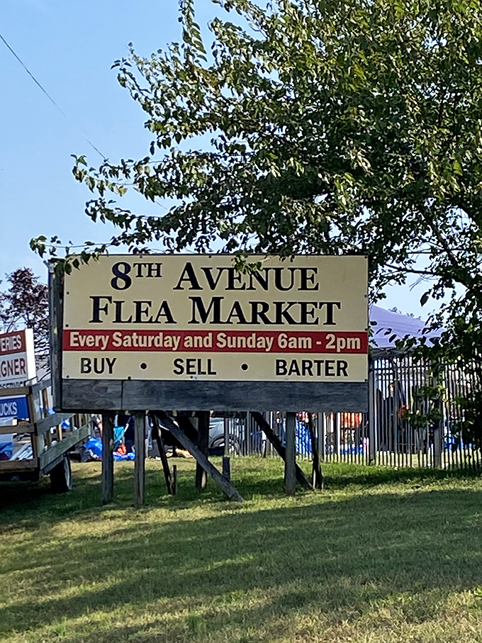 Early birds and treasure seekers gather under this simple sign, where the thrill of the hunt begins at dawn.
