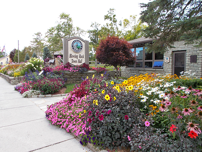 Blowing Rock's Town Hall sits surrounded by flowers that would make any gardener jealous. Even government buildings look charming in this mountain paradise.