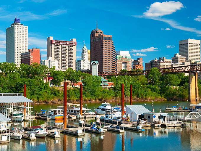 Chattanooga's skyline rises majestically behind the marina, where boats bob gently like bath toys in a giant's tub.