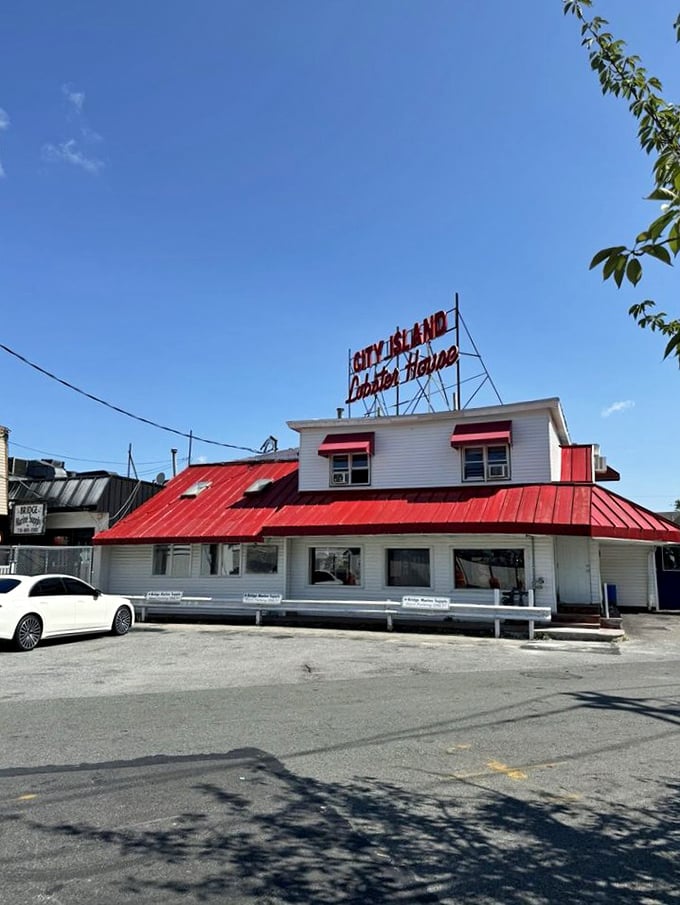 The City Island Lobster House sign promises exactly what you'll get—no misleading advertising here, just seafood paradise.
