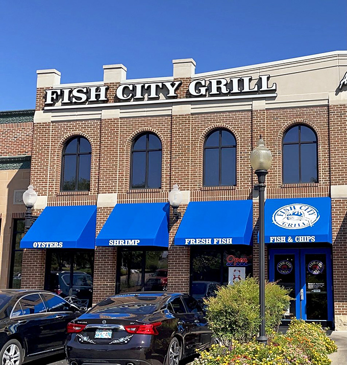 Those bright blue awnings aren't just pretty&mdash;they're Fish City Grill's promise of oysters, shrimp, and fresh catches waiting inside.