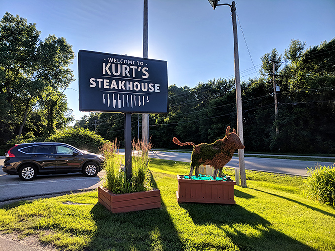 Kurt's welcomes you with a sign that gets right to the point. That metal bull sculpture is basically saying, "Yes, we know our beef."