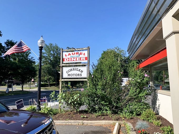 Laurel Diner sign: "That vintage sign stands proudly beside Old Glory&mdash;a patriotic promise of pancake perfection and hometown hospitality."