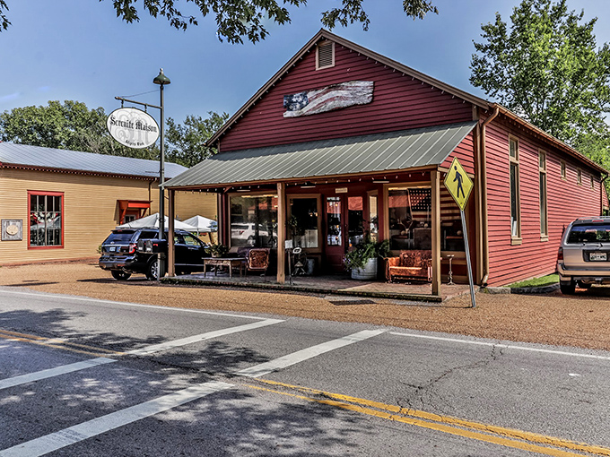 Leipers Fork embraces its rural charm with the iconic Serenite Maison, a red shop that's become the heart of this artistic hamlet.