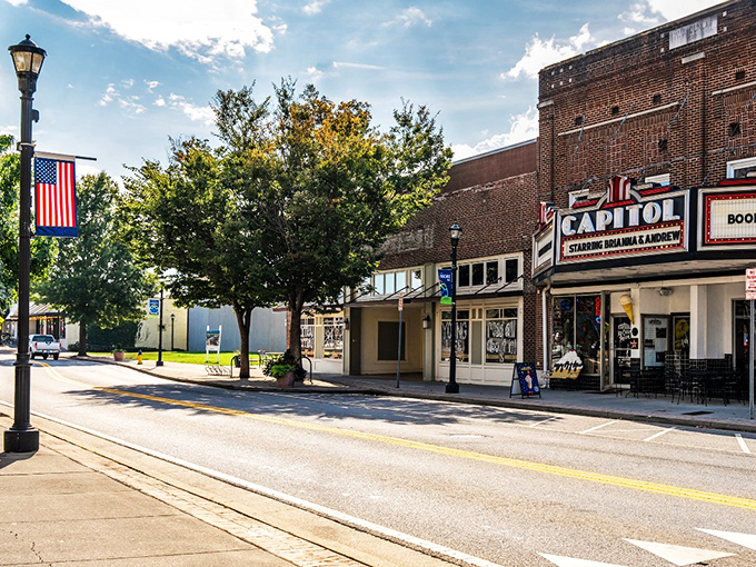 Marquee lights, patriotic banners, and the ghost of Saturday matinees&mdash;this block is pure small-town soul.