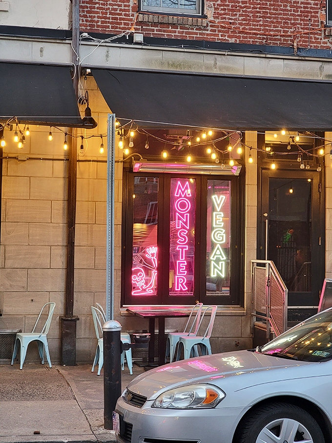 Neon lights and plant-based bites! This horror-themed haven proves vegan food can be deliciously spooky.