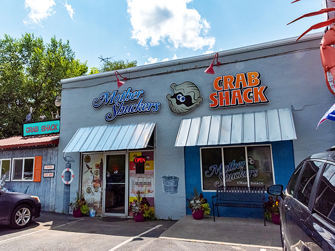 Mother Shuckers' playful blue exterior and cartoon oyster mascot hint at the fun waiting inside. Serious seafood with a side of smiles.