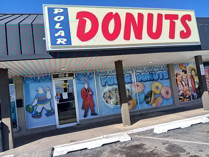 Polar Donuts' retro blue signage promises a cool experience inside. Like stepping into a time machine where calories don't count!