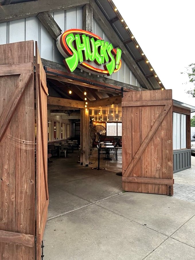 SHUCKS! nails that barn-meets-seafood-paradise vibe where oysters taste better beneath string lights and wooden beams.