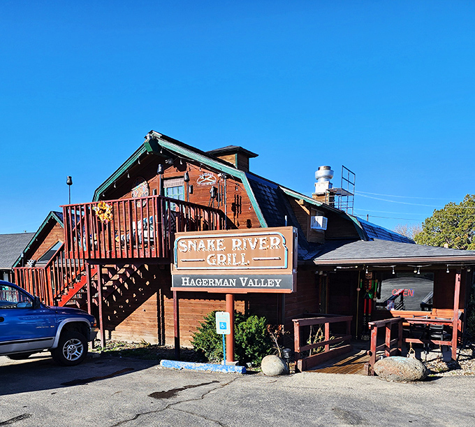 The Snake River Grill's rustic wooden charm looks like it was plucked straight from a Norman Rockwell painting of Idaho.