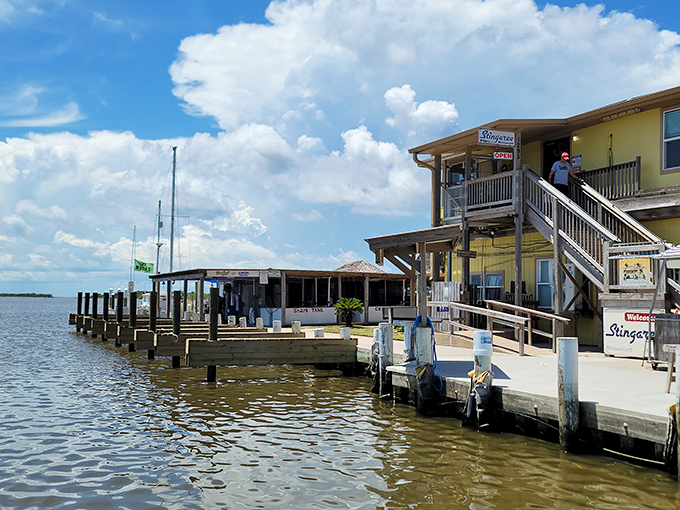 Stingaree's yellow building perched over the water looks like it's having a permanent vacation. The seafood inside is working overtime, though.
