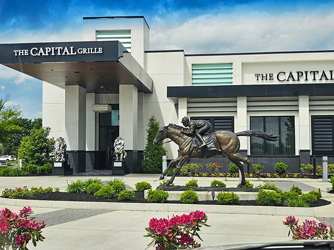 The Capital Grille's modern elegance makes a statement. That racing sculpture reminds you you're in thoroughbred country &ndash; where even the steaks are champions.