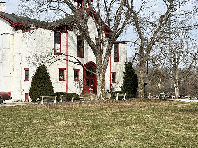 This charming white schoolhouse with red trim flunks boring and gets straight A's in atmosphere.