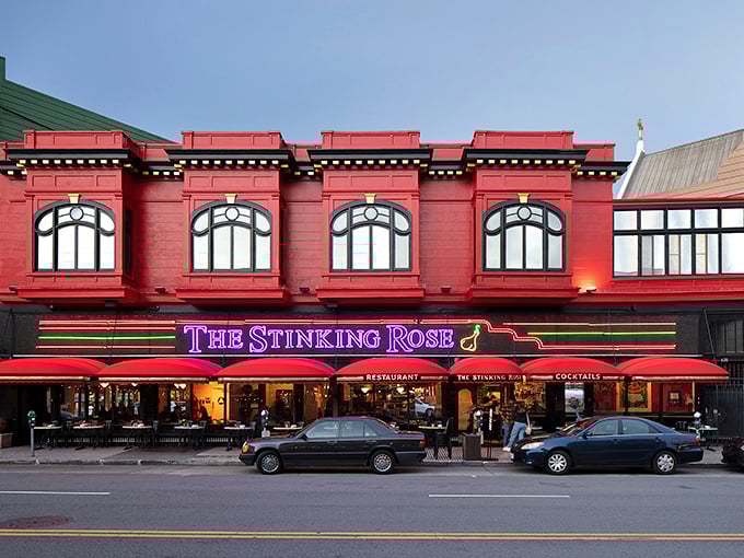 The Stinking Rose's bold red facade is as unapologetic as its garlic-infused menu. Vampires beware!