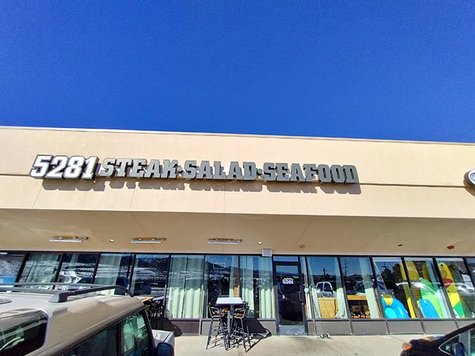 5281 Steak Salad Seafood (exterior angle): "Hiding in plain sight like a secret your taste buds deserve to discover. The best surprises come in unassuming packages."