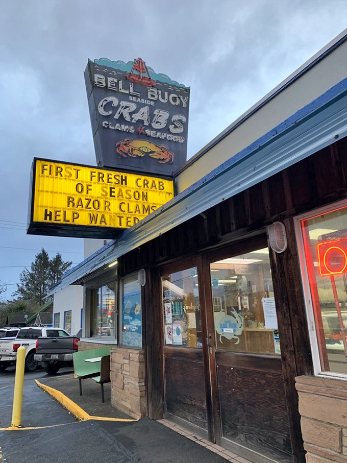 Bell Buoy of Seaside: Simple white building, legendary seafood inside. When their sign announces "FIRST FRESH CRAB OF SEASON," it's practically a coastal holiday.