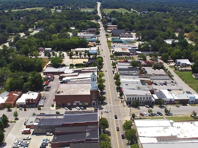 A bird's-eye view of Camden reveals a perfect small town layout, with that classic church steeple punctuating the skyline.