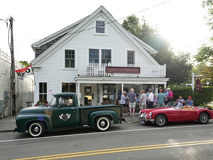 Admire the classic cars parked outside Chatham Cookware while you enjoy the friendly atmosphere of this charming Cape Cod town.