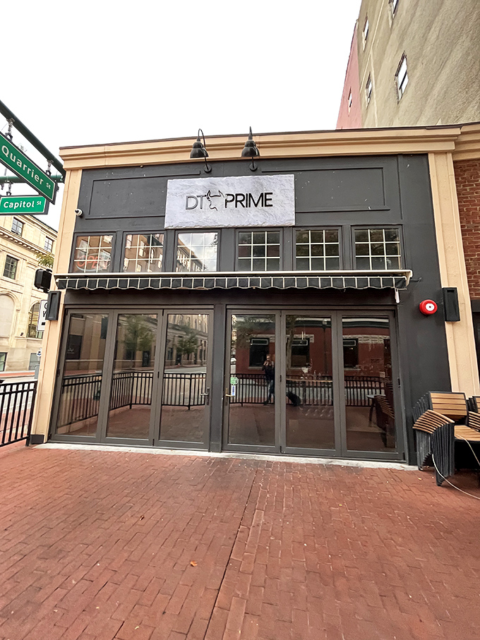 The sleek, modern facade of DT Prime promises a contemporary steakhouse experience that delivers big-city flavor.
